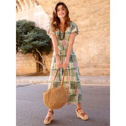 WITT Damen Jerseykleid mit gesmoktem Taillenband hinten, altrosa-oliv-bedruckt, Größe 36