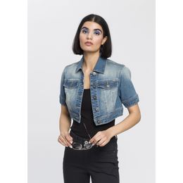 Jeansjacke Arizona, Damen, Gr. 40, blau (blau used), Denim/Jeans, Obermaterial: 98% Baumwolle, 2% Elasthan, Basic, figurbetont extrakurz, 2-Naht-&Auml;rmel B&uuml;ndchen, Jacken Jeansjacke, aus Baumwollmischung, figurbetont, extrakurz, in Stretch-Qualit&auml;t