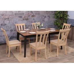 6er-Set Esszimmerstuhl HWC-G46, Küchenstuhl Stuhl, Stoff/Textil Massiv-Holz ~ naturfarbenes Gestell, beige