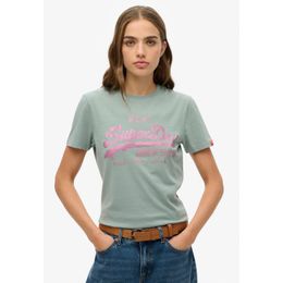 Kurzarmshirt Superdry "VL RHINESTONE SLIM TEE", Damen, Gr. XS, blau (silber blau), Single Jersey, Obermaterial: 100% Baumwolle, bedruckt, slim fit normal, Rundhals, Shirts