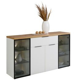 Stylife Sideboard, Wei&szlig;, Eiche Artisan, Glas, Holzwerkstoff, 5 F&auml;cher, 1 Schublade(n) Schubladen, tageslichtwei&szlig;, 160x90x43 cm, Beim&ouml;bel erh&auml;ltlich, stehend, Beleuchtung, Wohnzimmer, Kommoden & Sideboards, Sideboards