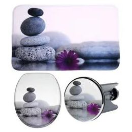 Badaccessoire-Set Sanilo "Energy Stones", lila (lila, grau), Kunststoff, MDF, Polyester, Badaccessoires-Sets, bestehend aus WC-Sitz, Badteppich und Waschbeckenstöpsel