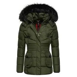 Steppjacke Marikoo "Vanilla", Damen, Gr. XS (34), grün (olivgrün), Obermaterial: 100% Polyester, Futter: 100% Polyester, Kunstpelz: 100% Polyacryl, figurbetont Po-bedeckend, Ärmel ohne Ärmelschlitz Rippstrickbündchen kontrastfarben, Jacken, edle Winterjacke m. Kunstfellkapuze