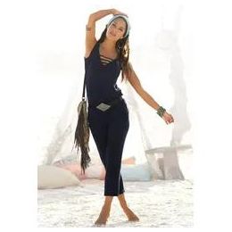 Overall s.Oliver, Damen, Gr. 38, blau (marine), Jersey, Obermaterial: 95% Viskose, 5% Elasthan, unifarben, figurumspielend 7/8-Länge, V-Ausschnitt, Overalls, mit verziertem Ausschnitt, elastischer Jumpsuit mit Taschen