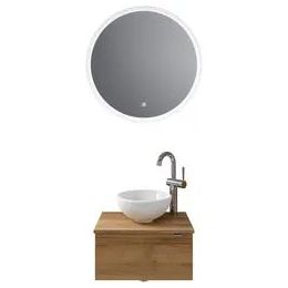 Badmöbel-Set SAPHIR "Serie 6915", braun (riviera eiche, riviera eiche), B:51cm H:200cm T:35cm, Kastenmöbel-Sets, Gäste-Bad, mit LED-Spiegel und 1 Tür