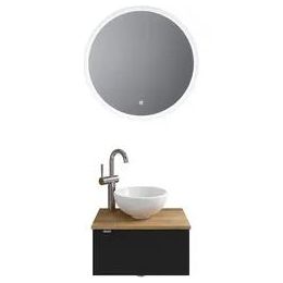 Badmöbel-Set SAPHIR "Serie 6915", schwarz (schwarz matt select, halifax eiche), B:51cm H:200cm T:35cm, Kastenmöbel-Sets, Gäste-Bad, mit LED-Spiegel und 1 Tür