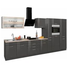 Küchenzeile KOCHSTATION "KS-Utah", grau (küche: grau, korpus: graphit, arbeitsplatte: eiche sonoma), B:380cm T:60cm, Komplettküchen-Sets, mit E-Geräten und großer Kühl- Gefrierkombination, Breite 380 cm