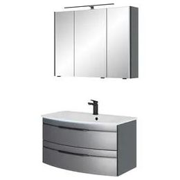 Badmöbel-Set SAPHIR "Serie 7045 2-teilig Mineralmarmor-Waschtisch mit LED-Spiegelschrank", grau (stahlgrau metallic), B:93,2cm H:200cm T:50,1cm, Spanplatte, Kastenmöbel-Sets, Badezimmer-Set 93,2 cm breit, inkl. Türdämpfer, 3 Türen, 2 Schubladen