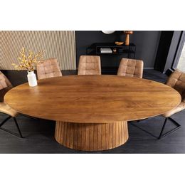 Riess Ambiente Ovaler Esstisch ART DECO 220cm braun smoked massives Mangoholz mit S&auml;ulenfu&szlig; Riess-Ambiente Esszimmertisch K&uuml;chentisch 2 Personen Landhaus...