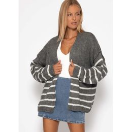 SASSYCLASSY Gestreifter Cardigan mit Außennähten in Dunkelgrau | Gr.: S