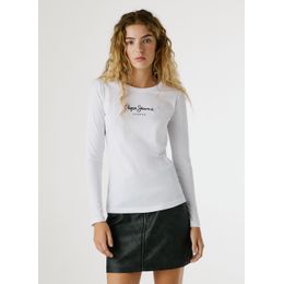 Langarmshirt Pepe Jeans "NEW VIRGINA L/S", Damen, Gr. M/38, weiß (weiß 800), Single Jersey, Obermaterial: 95% Baumwolle, 5% Elasthan, bedruckt, figurbetont hüftlang, Rundhals, Shirts, mit Logo-Print