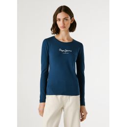 Langarmshirt Pepe Jeans "NEW VIRGINA L/S", Damen, Gr. L/40, blau (navy 595), Single Jersey, Obermaterial: 95% Baumwolle, 5% Elasthan, bedruckt, figurbetont hüftlang, Rundhals, Shirts, mit Logo-Print