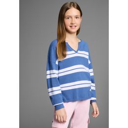 Strickpullover Kangaroos "Kuschelweicher Ringelpullover", Mädchen, Gr. 140/146, blau geringelt, Feinstrick, Obermaterial: 50% Viskose, 28% Polyester, 22% Polyamid, geringelt, mehrfarbig, Basic hüftlang, V-Ausschnitt, Rippbündchen, Pullover, Weicher Ringelpullover mit kleinem V-Ausschnitt