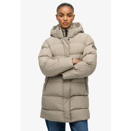 Steppjacke Superdry "HOODED SPORTS PUFFER MID JKT", Damen, Gr. L, beige (winter twig beige), Web, Obermaterial: 100% Polyester, unifarben, relaxed fit, Jacken