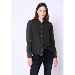 Langarmbluse STREET ONE STUDIO, Damen, Gr. 40, schwarz (schwarz washed), Stoff, 100% Lyocell, unifarben, normal normal, hoch geschlossener Ausschnitt, B&uuml;ndchen, Blusen, mit Stehkragen