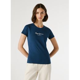 T-Shirt Pepe Jeans "NEW VIRGINIA", Damen, Gr. XL/42, blau (navy 595), Single Jersey, Obermaterial: 95% Baumwolle, 5% Elasthan, bedruckt, figurumspielend hüftlang, Rundhals, Shirts, mit Logo-Print