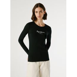 Langarmshirt Pepe Jeans "NEW VIRGINA L/S", Damen, Gr. M/38, schwarz (schwarz 999), Single Jersey, Obermaterial: 95% Baumwolle, 5% Elasthan, bedruckt, figurbetont hüftlang, Rundhals, Shirts, mit Logo-Print