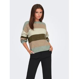 Strickpullover Only "ONLATIA L/S STRIPE PULLOVER KNT NOOS", Damen, Gr. S, grün (hedge grün stripes:with toasted coconut, pumice stone, breen), Strick, Obermaterial: 50% Viskose, 27% Nylon, 23% Polyester, gestreift, regular fit normal, Rundhals, Rippstrickbündchen, Pullover, mit Colorblock Design