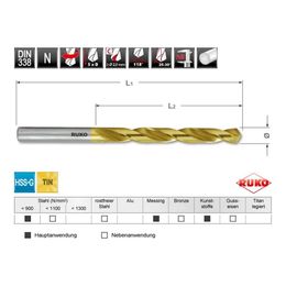 Ruko Spiralbohrer DIN 338 Typ N HSS-TiN geschliffen, mit Kreuzanschliff Ø 3,5 x 70 x 39 mm (250035TX)