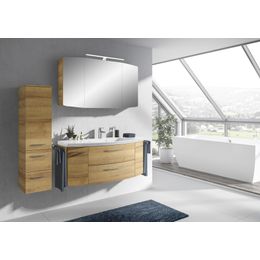 Badmöbel-Set SAPHIR "Cassca Sprint 3-teilig Mineralmarmor-Waschtisch mit LED-Spiegelschrank", braun (riviera eiche quer nachbildung), B:151cm H:200cm T:50,5cm, Spanplatte, Kastenmöbel-Sets, mit Midischrank, inkl. Türdämpfer, 6 Türen, 4 Türen