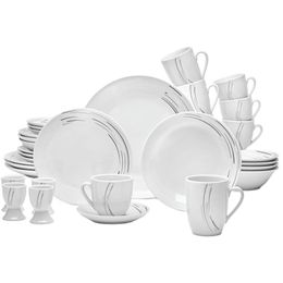 Kombiservice Van Well "Geschirr-Set Montreal, 32-teilig, rund", schwarz-weiß (weiß, schwarz, grau), 32 Stk., Porzellan, Geschirr-Sets, mit Streifen in schwarz/grau, spülmaschinen- und mikrowellengeeignet