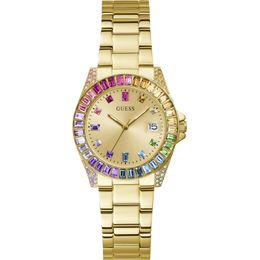 Quarzuhr Guess "OPALINE", gold (goldfarben), Armbanduhren, Damen, Armbanduhr, Damenuhr, Datum, Edelstahlarmband, farbige Kristallsteine