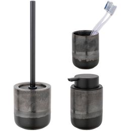 Schöner Wohnen Kollektion Badaccessoire-Set "»Riolo«", grau, Edelstahl, Keramik, SCHÖNER WOHNEN-KOLLEKTION, Badaccessoires-Sets, Zahnputzbecher, Seifenspender & WC-Garnitur, aus Keramik, Effektglasur