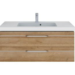 Badmöbel-Set SAPHIR "Balto Sprint Waschplatz mit Mineralmarmor-Waschtisch, 123 cm breit", braun (riviera eiche quer nachbildung), B:123cm H:55,6cm T:50,8cm, Spanplatte, Kastenmöbel-Sets, Waschtisch und Unterschrank, inkl. Türdämpfer, mit 2 Schubladen
