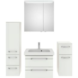 Badmöbel-Set SAPHIR "Balto Sprint 4-teilig, Mineralmarmor-Waschtisch mit LED-Spiegelschrank", weiß (weiß hochglanz, weiß glanz), B:130cm H:200cm T:46cm, Spanplatte, Kastenmöbel-Sets, mit Unterschrank, Midischrank, inkl. Türdämpfer, 4 Türen, 5 Schubladen