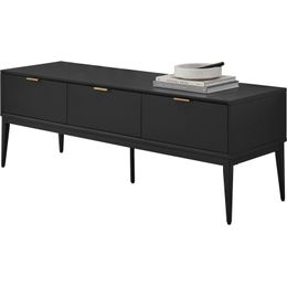 TV-Board LEONIQUE "Lavisha", schwarz, B:140cm H:48cm T:40cm, Eisen, FSC-zertifizierter Holzwerkstoff, Sideboards, FSC-zertifiziertes Holz kombiniert Melamin, verchromten Metallgriffen