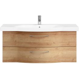 Badmöbel-Set SAPHIR "6005 Sprint Keramik-Waschtisch mit Unterschrank, 122 cm breit", braun (riviera eiche quer nachbildung), B:122cm H:55cm T:51,5cm, Spanplatte, Kastenmöbel-Sets, Waschplatz inkl. Türdämpfer, 2 Schubladen, Waschtisch Set