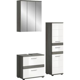 Badmöbel-Set Welltime "LUCCA, 3-teilig, TOPSELLER, hochwertige MDF Front", weiß (rauchsilber nachbildung, weiß hochglanz), B:110cm H:191cm T:34cm, Holzwerkstoff, Kastenmöbel-Sets, Badkombination, Bad-Möbel, Badezimmer, Kombination, Kombi