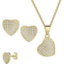 Ohrring und Ketten Set Firetti "Multipack Schmuck Geschenk Silber 925 Ohrstecker Halskette Herz", gold (gelbgoldfarben, kristallweiß, kristallweiß), Schmuck_Sets, Damen, Silber 925 (Sterlingsilber), Made in Germany - mit Zirkonia (synth.)