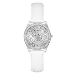 Quarzuhr Guess "BOA", weiß, Armbanduhren, Damen, Armbanduhr, Damenuhr, Lederarmband, Kristallsteine