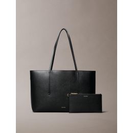 Henkeltasche Calvin Klein "FOIL LOGO TOTE W/POUCH", Damen, Gr. B/H/T: 40cm x 28cm x 12cm, schwarz (schwarz, toasted coconut), Lederimitat, unifarben, Taschen, Damen-Schultertasche mit Reißverschluss-Tasche