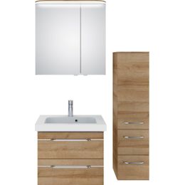 Badmöbel-Set SAPHIR "Balto Sprint 3-teilig, Mineralmarmor-Waschtisch mit LED-Spiegelschrank", braun (riviera eiche quer nachbildung), B:100cm H:200cm T:46cm, Spanplatte, Kastenmöbel-Sets, inkl. Türdämpfer, 100 cm breit, mit Midischrank, 3 Türen, 4 Schubladen
