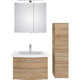 Badmöbel-Set SAPHIR "6005 Sprint 3-teilig, Keramik-Waschtisch mit LED-Spiegelschrank", braun (riviera eiche quer nachbildung), B:112cm H:200cm T:46cm, Spanplatte, Kastenmöbel-Sets, Midischrank, inkl. Türdämpfer, 3 Türen, 4 Schubladen, Bad-Set