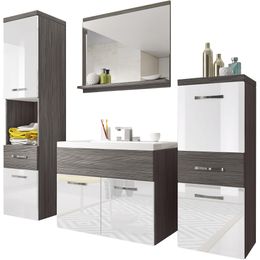 Badmöbel-Set Welltime "ELDA", braun (eichefarben gestreift bodega, weiß hochglanz), B:120cm H:133cm T:34,5cm, Holzwerkstoff, Kastenmöbel-Sets, Waschtisch inkl. Waschbecken, Hochschrank, Badschrank und Spiegel