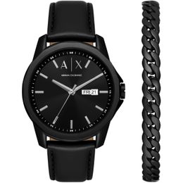 Quarzuhr Armani Exchange, schwarz, Armbanduhren, Herren, Armbanduhr, Herrenuhr, ideal auch als Geschenk, Datum, Lederarmband
