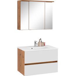 Badmöbel-Set Welltime "Lucca", weiß (eichefarben, weiß), Kastenmöbel-Sets, Breite 80 cm, mit direkter LED-Beleuchtung