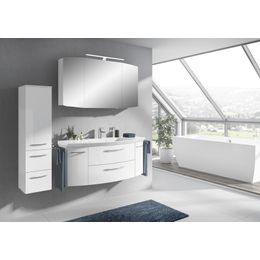 Badmöbel-Set SAPHIR "Cassca Sprint 3-teilig Mineralmarmor-Waschtisch mit LED-Spiegelschrank", weiß (weiß hochglanz, weiß glanz), B:151cm H:200cm T:50,5cm, Spanplatte, Kastenmöbel-Sets, mit Midischrank, inkl. Türdämpfer, 6 Türen, 4 Türen