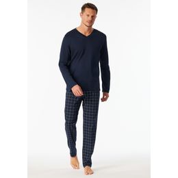 Pyjama Schiesser "Fine Interlock", Herren, Gr. 52, blau (804, blau), Interlock, Obermaterial: 100% Baumwolle, bequem lang, V-Ausschnitt, Homewear-Sets, Oberteil in Uni, karierte Hose, V-Neck, Langarm, Baumwolle