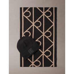 Strickmütze Calvin Klein "EMBLEM BEANIE + AOP SCARF SET", Damen, schwarz aop, Strick, Baumwollmischung, unifarben, Mützen, Leicht zu kombinieren
