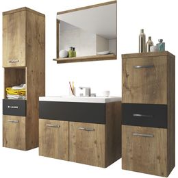 Badmöbel-Set Welltime "ELDA", braun (kastanien breslau, schwarz graphite matt), B:120cm H:133cm T:34,5cm, Holzwerkstoff, Kastenmöbel-Sets, Waschtisch inkl. Waschbecken, Hochschrank, Badschrank und Spiegel
