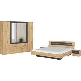 Schlafzimmer-Set Rauch "Komplettschlafzimmer Schlafzimmer BURANO mit Schrank in 3 Breiten", grau (eiche artisan, graumetallic), mit Schrank 5-trg. + ohne Matratze, B/H: 180cm x 200cm,mit Schrank 5-trg., Holzwerkstoff, Schlafzimmermöbel-Sets, Bett 180x200 cm und 2 Nachttischen MADE IN GERMANY