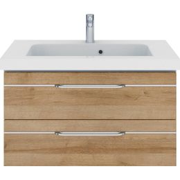 Badmöbel-Set SAPHIR "Balto Sprint Waschplatz mit Mineralmarmor-Waschtisch, 92 cm breit", braun (riviera eiche quer nachbildung), B:92cm H:55,6cm T:50,8cm, Spanplatte, Kastenmöbel-Sets, Waschtisch und Unterschrank, inkl. Türdämpfer, mit 2 Schubladen