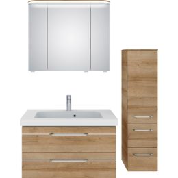 Badmöbel-Set SAPHIR "Balto Sprint 3-teilig, Mineralmarmor-Waschtisch mit LED-Spiegelschrank", braun (riviera eiche quer nachbildung), B:122cm H:200cm T:50,8cm, Spanplatte, Kastenmöbel-Sets, Badezimmer Set mit Midischrank, inkl Türdämpfer, 4 Türen, 4 Schubladen