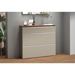 Schuhschrank Inosign "Magic Schuhschrank, Schuhkommode, Schuhregal, softgriff", grau (taupe), B:120cm H:108cm T:26,5cm, FSC-zertifizierter Holzwerkstoff, Schränke, 3 Klappen,Doppelschuhtrommeln,hochglanz lackiert oder matt,Breite 120