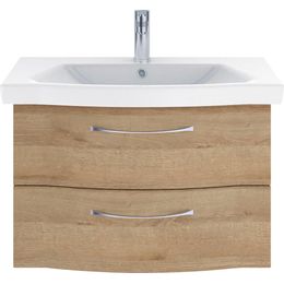 Badmöbel-Set SAPHIR "6005 Sprint Keramik-Waschtisch, 82 cm breit", braun (riviera eiche quer nachbildung), B:82cm H:55cm T:46cm, Spanplatte, Kastenmöbel-Sets, Waschplatz inkl. Türdämpfer, 2 Schubladen, Waschtisch