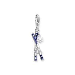 Charm-Einhänger Thomas Sabo "Skier mit Schneeflocken", silberfarben, dunkelblau, kristallweiß, kristallweiß, Charms, Damen, Silber 925 (recycelt), mit Zirkonia (synth.)